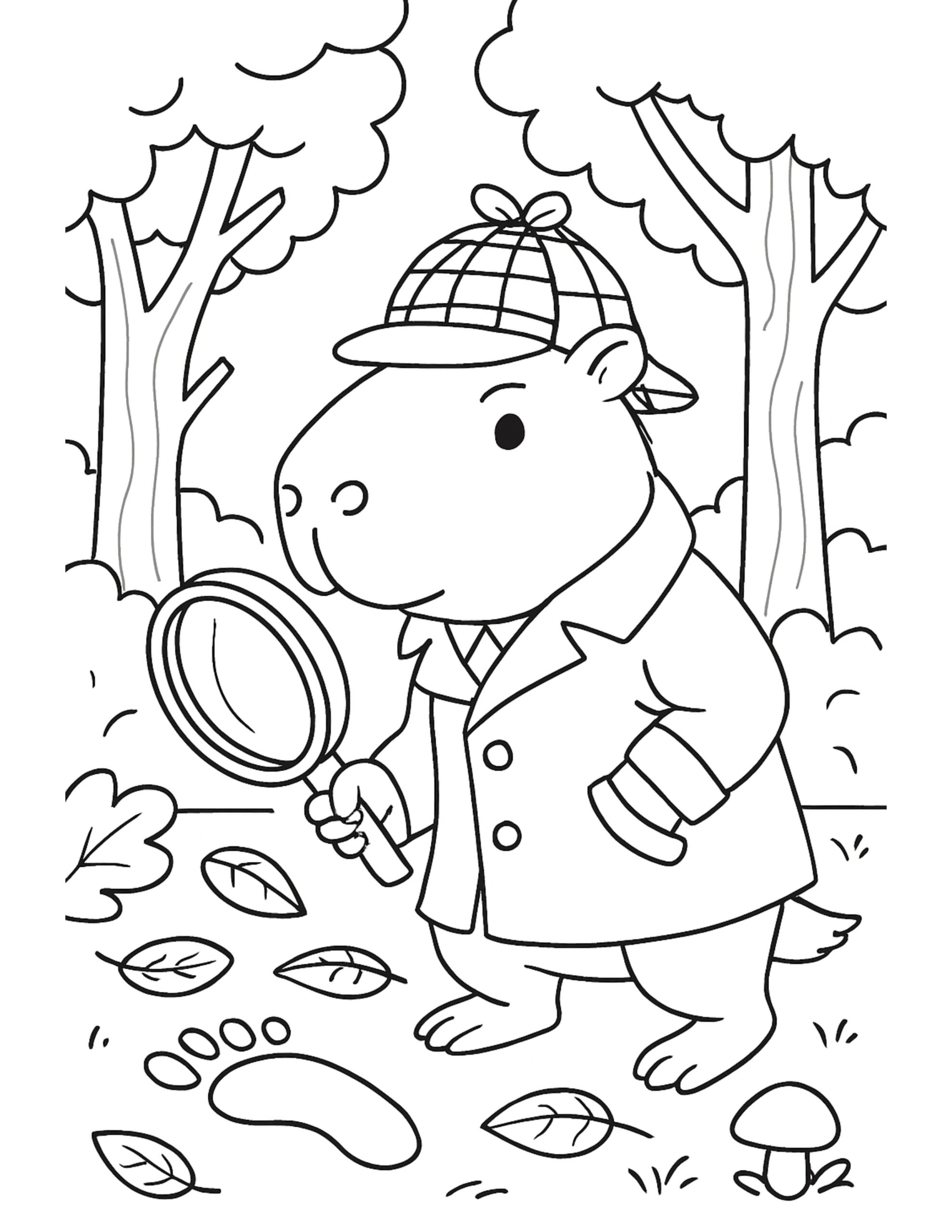 Capybara Detective Searching Footprints Coloring Page | Colorin AI