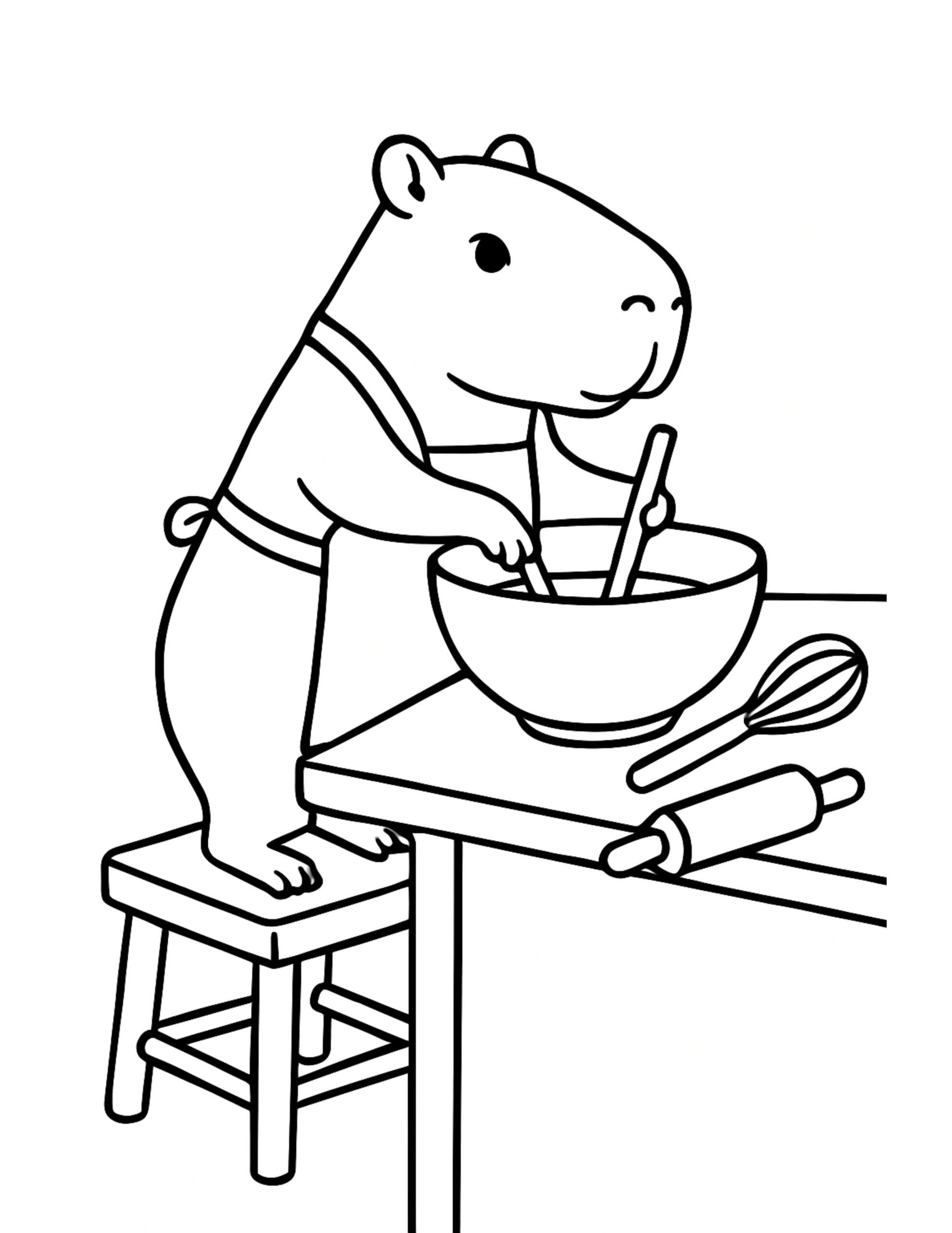 Capybara Mixing Batter in a Bowl Coloring Page | Colorin AI