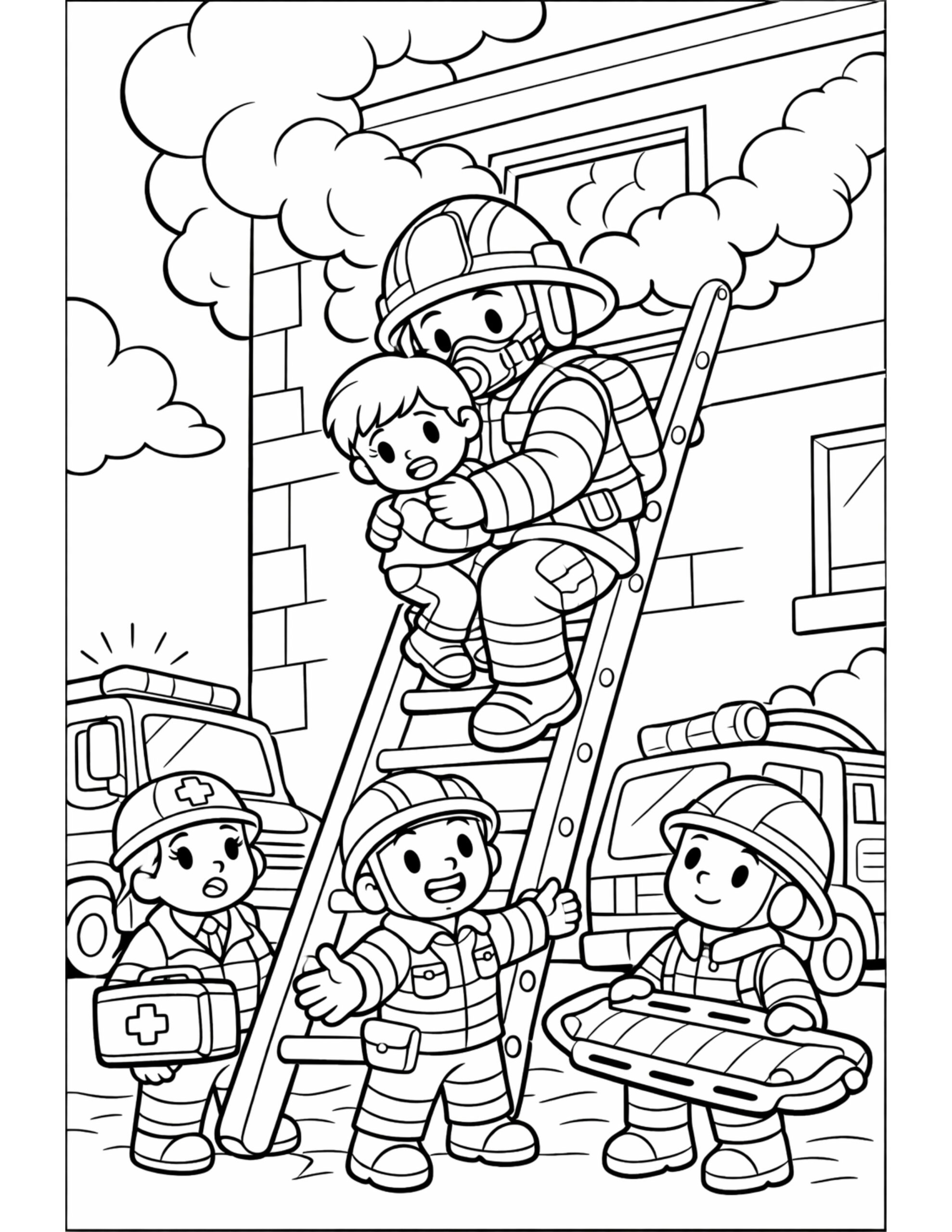 Firefighter Rescuing Child on Ladder Coloring Page | Colorin AI