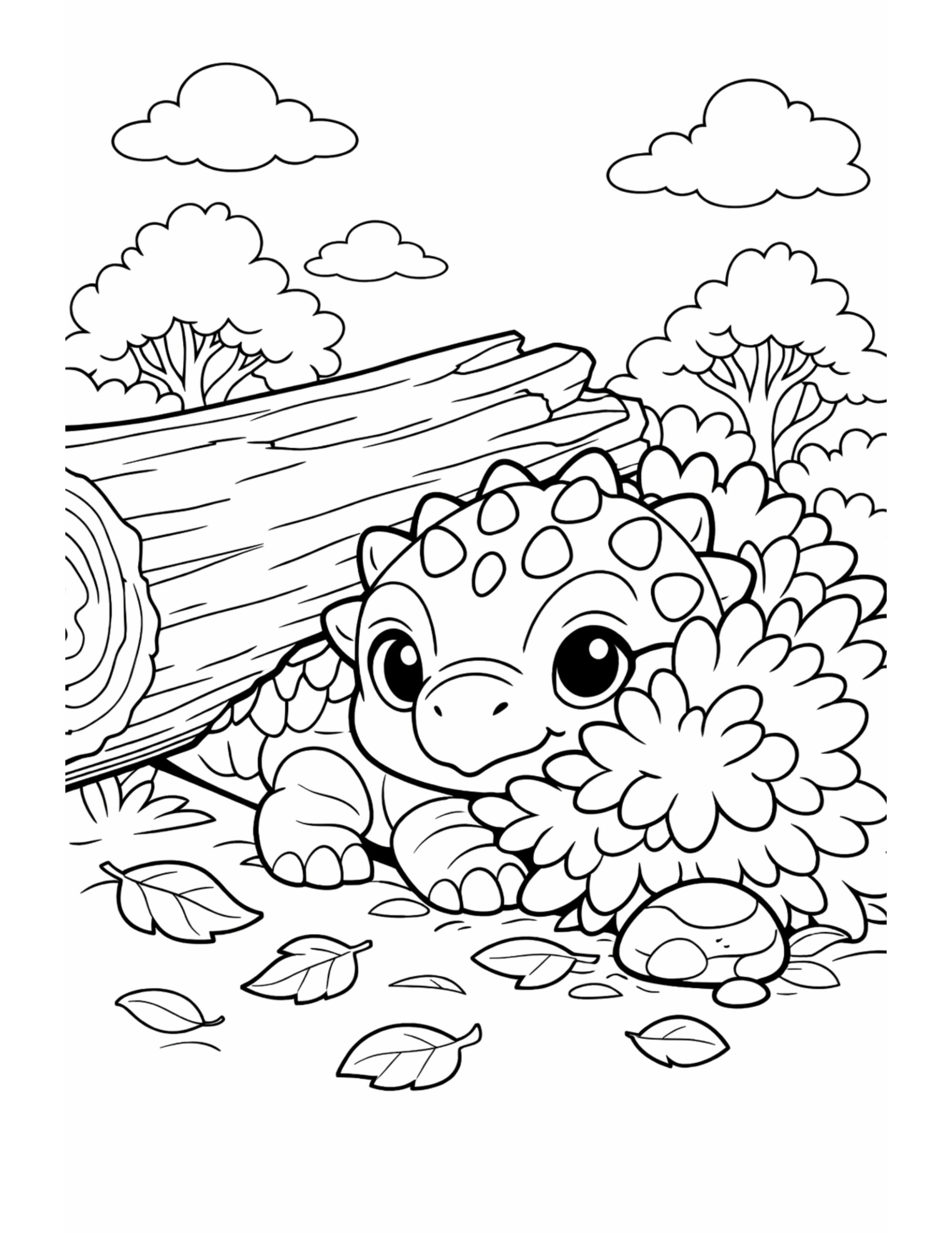 Baby ankylosaurus hiding under log coloring page | Colorin AI