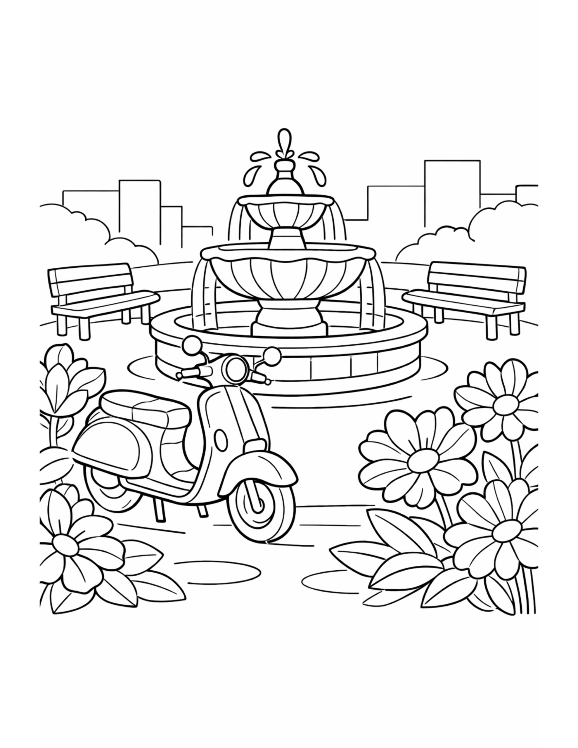 Scooter Near Park Fountain Coloring Page | Colorin AI