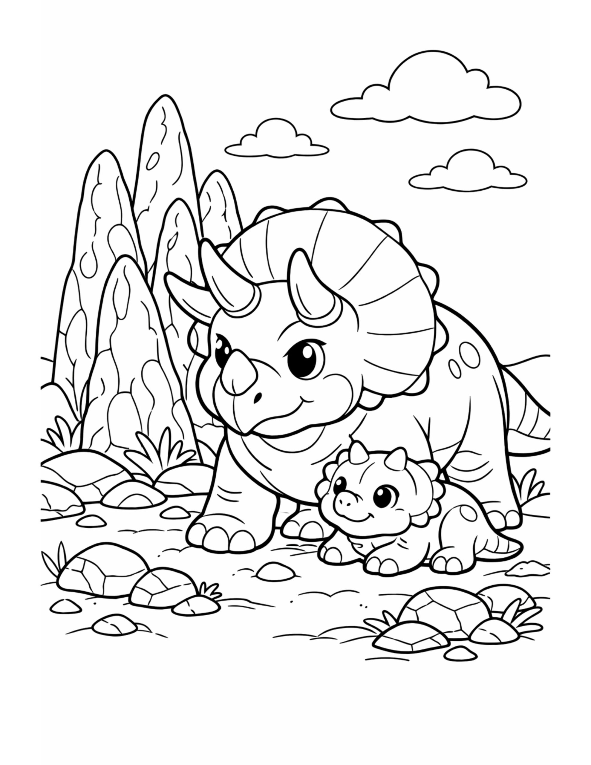 Triceratops and Baby in Rocks Coloring Page | Colorin AI