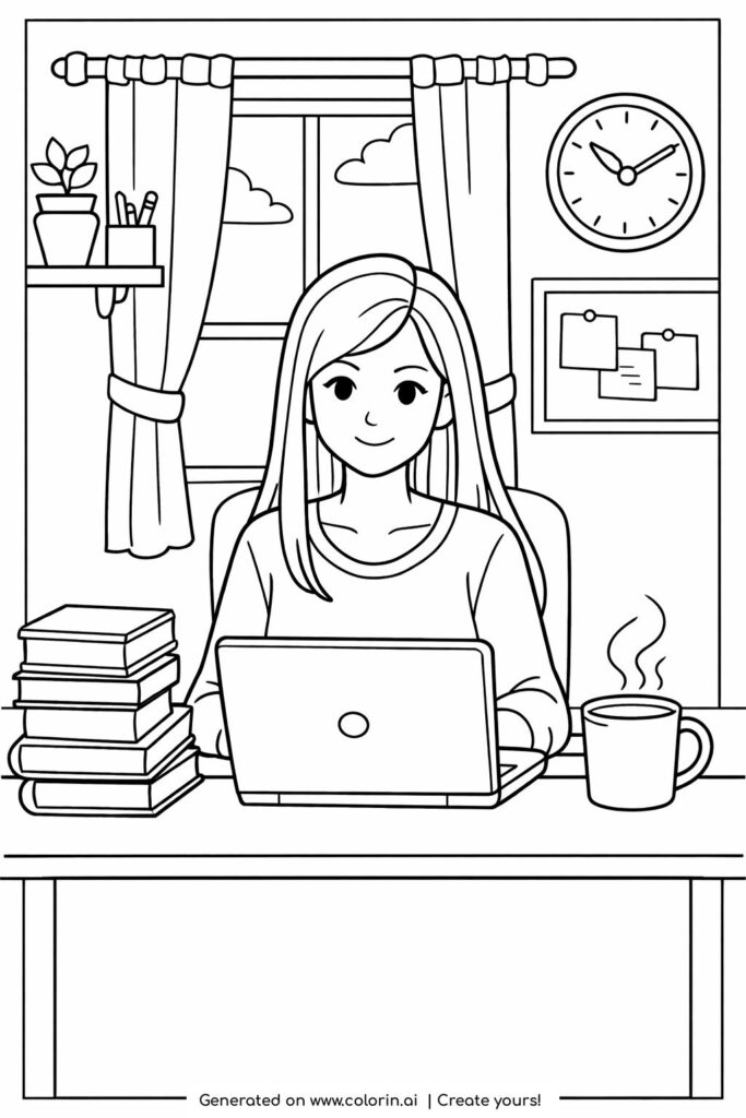 Girl Working at a Laptop Desk Coloring Page | Colorin AI