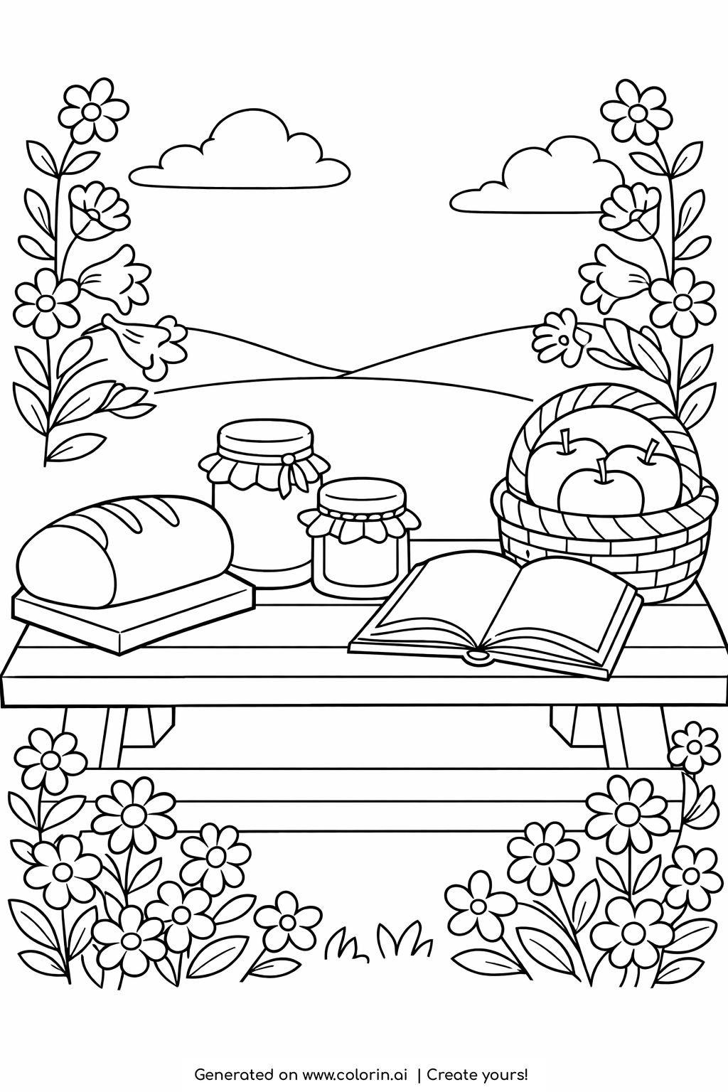 Picnic Table with Bread and Apples Coloring Page | Colorin AI