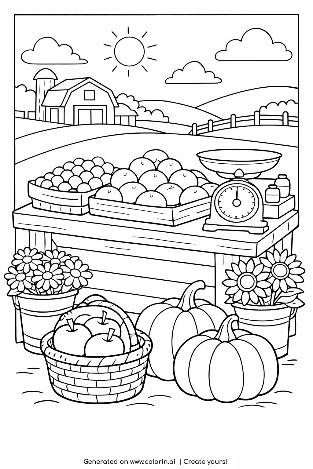 Rural Market Fruit Stand with Scale Coloring Page | Colorin AI