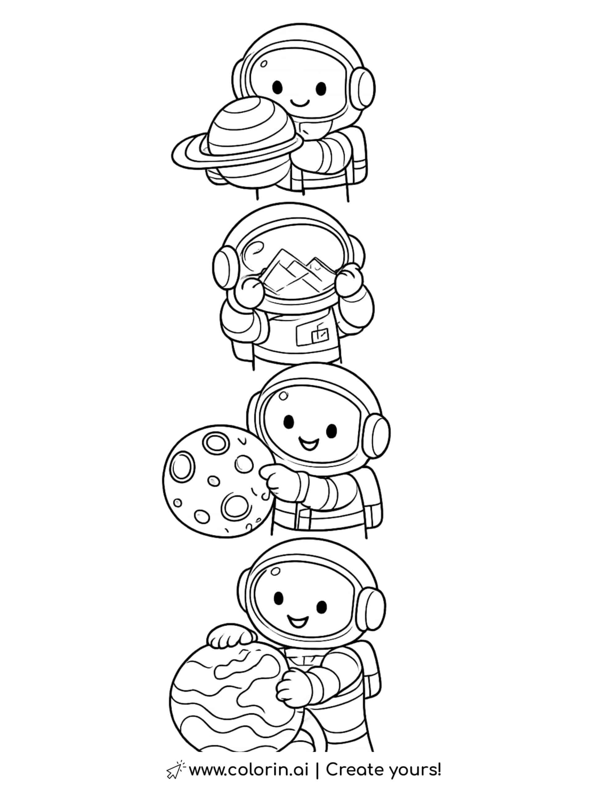 Four Astronauts Exploring Different Planets Coloring Page | Colorin AI