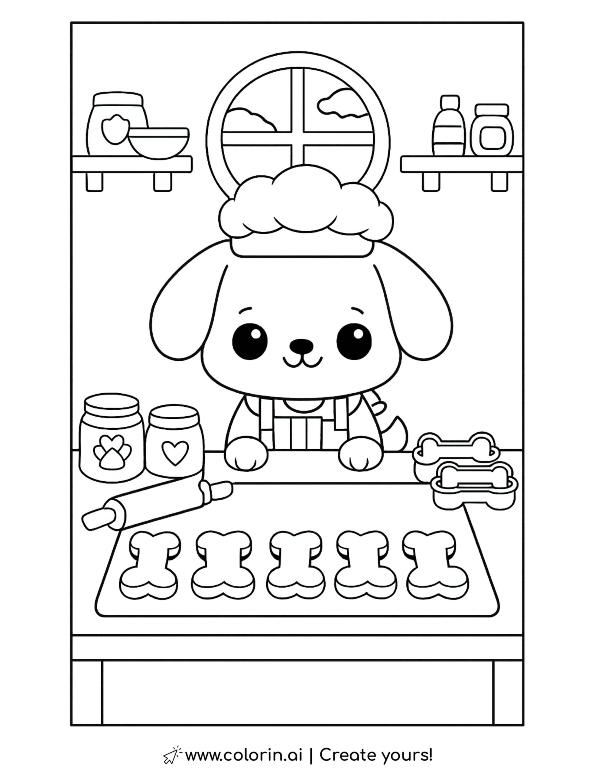 Puppy Baking Bone Cookies Coloring Page | Colorin AI