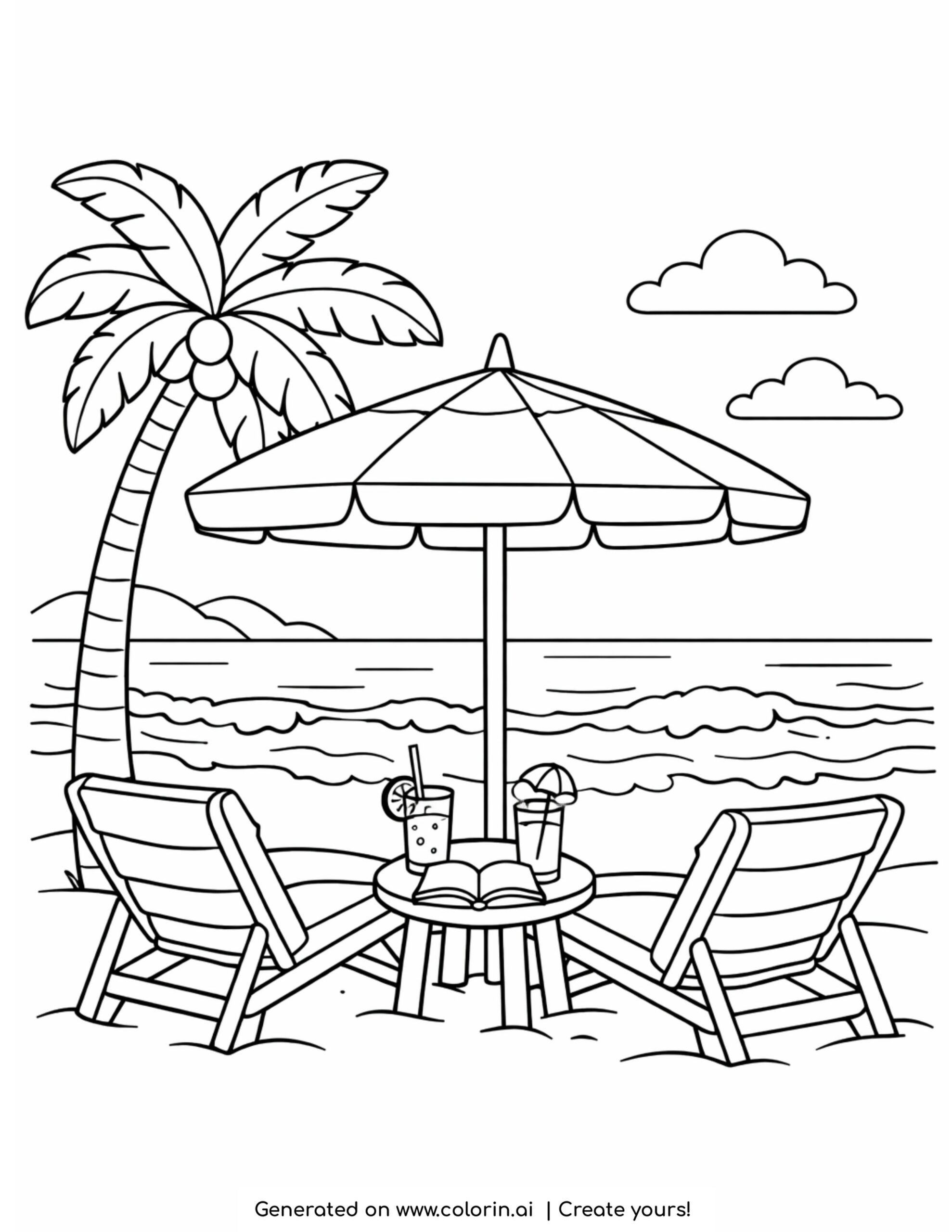 Beach chairs under umbrella seaside coloring page | Colorin AI