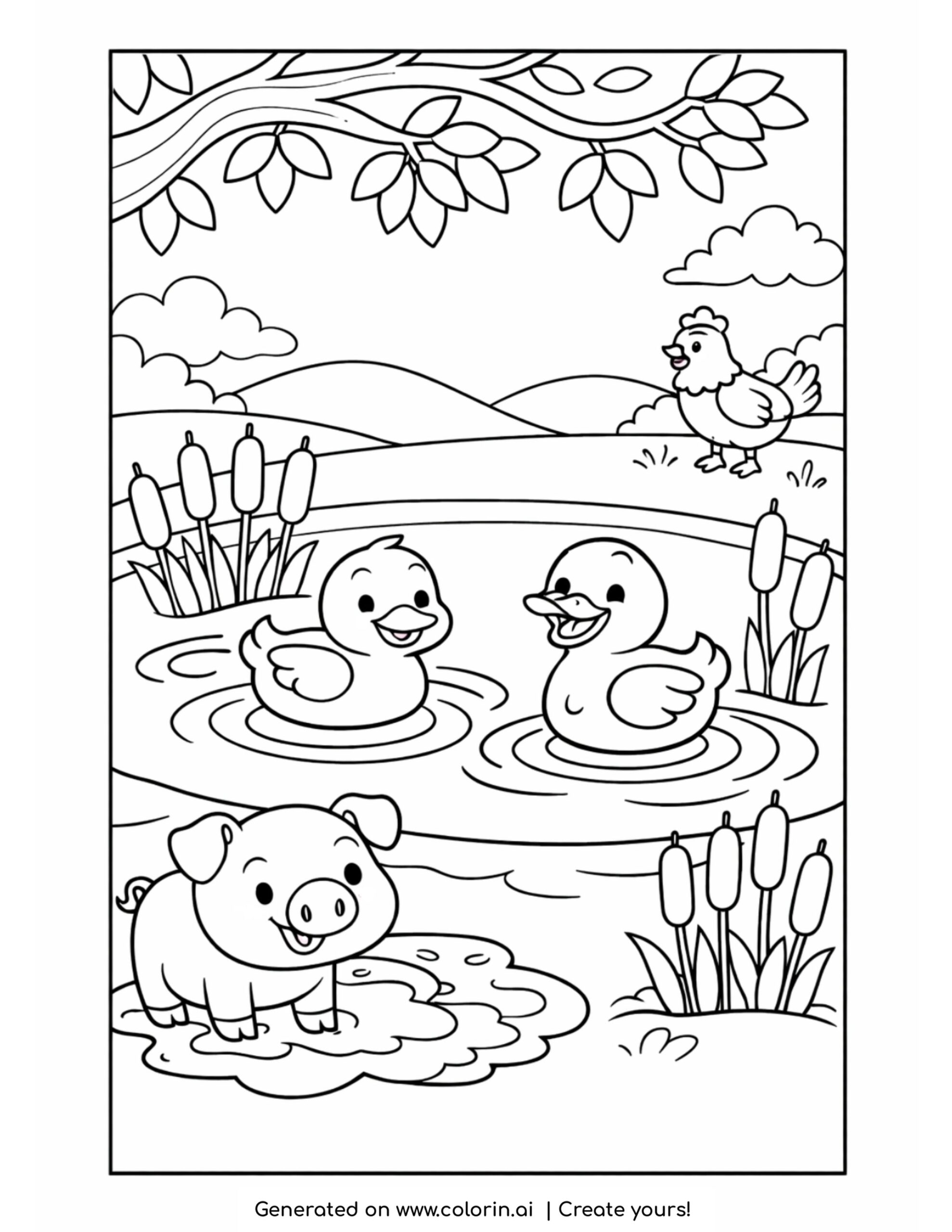 Ducks In Pond With Pig And Chicken Coloring Page | Colorin AI