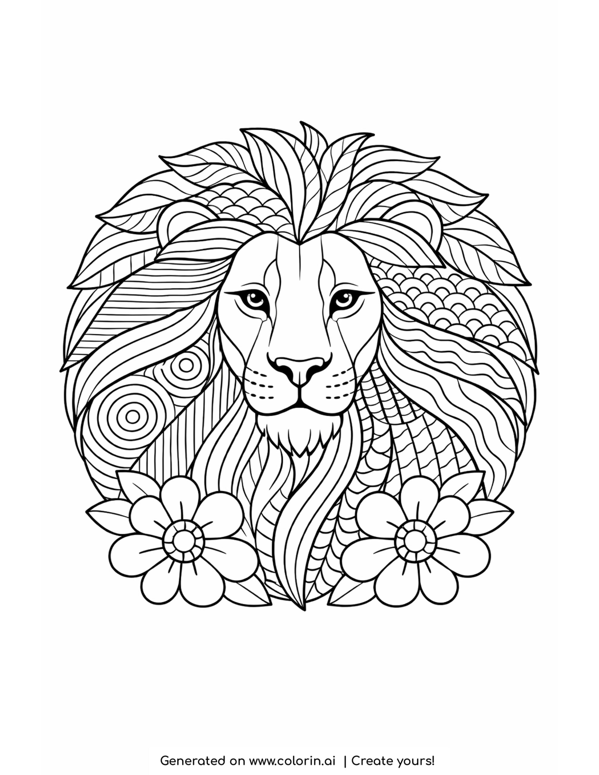 Lion with Patterned Mane and Flowers Coloring Page | Colorin AI