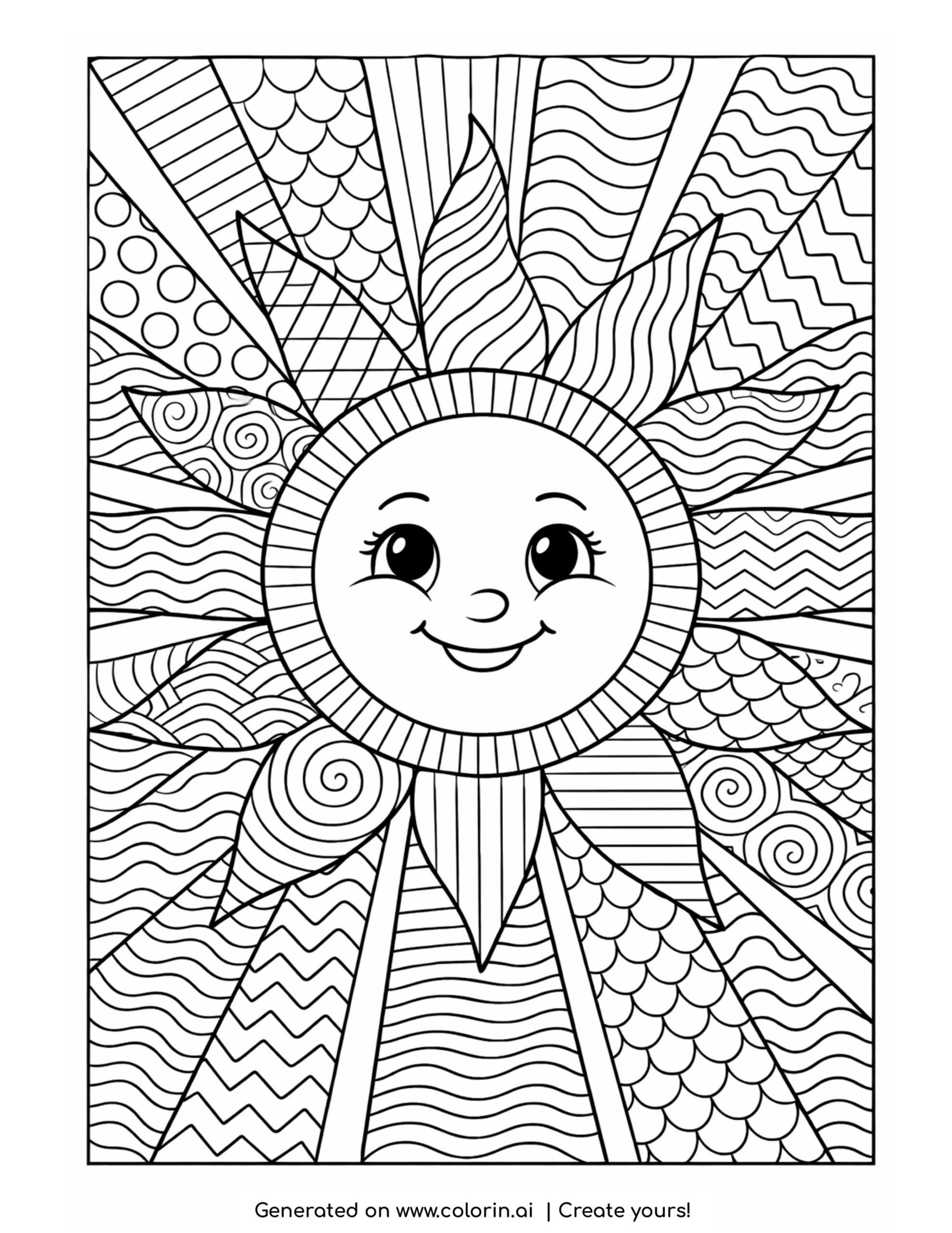 Smiling Sun With Patterned Rays Coloring Page | Colorin AI
