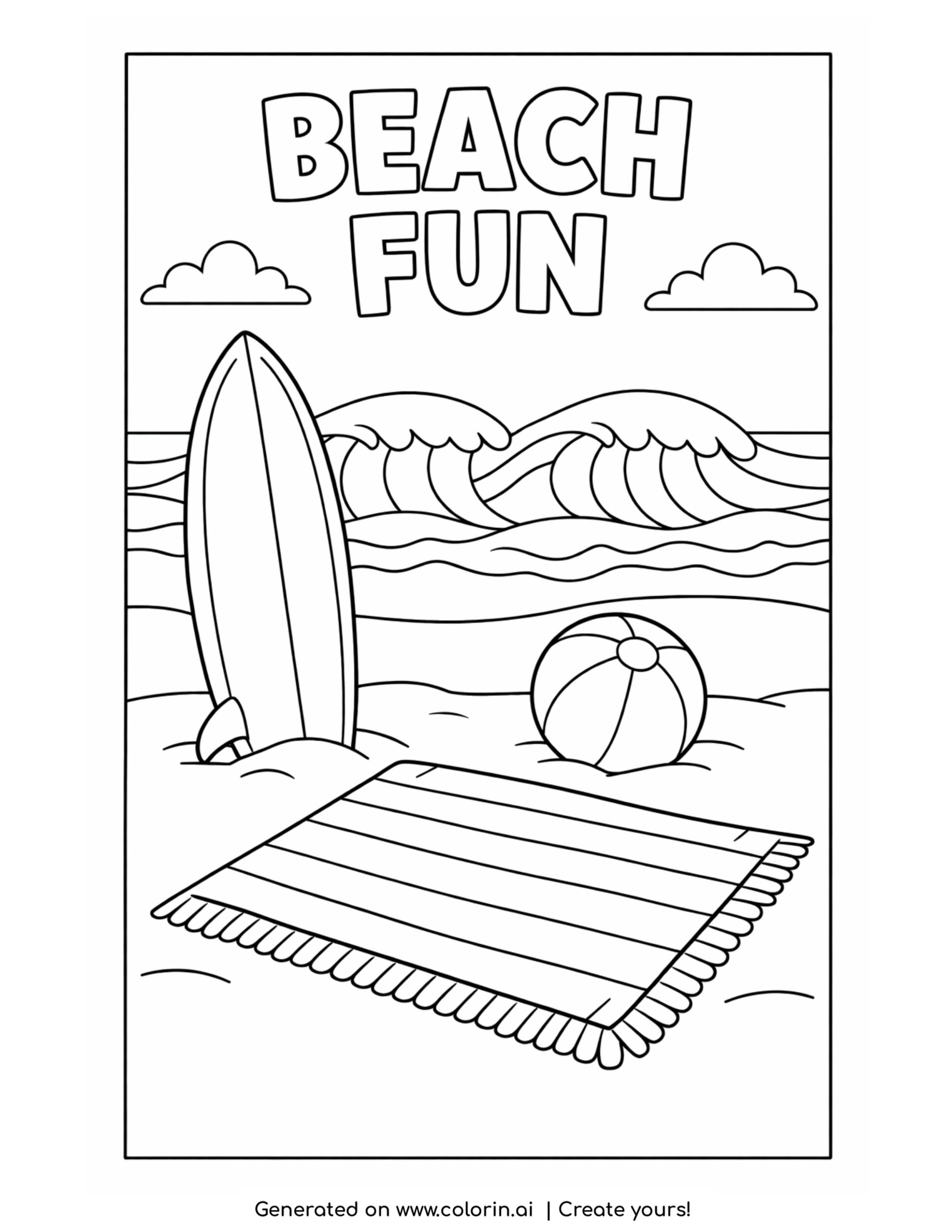 Surfboard and beach ball by waves coloring page | Colorin AI