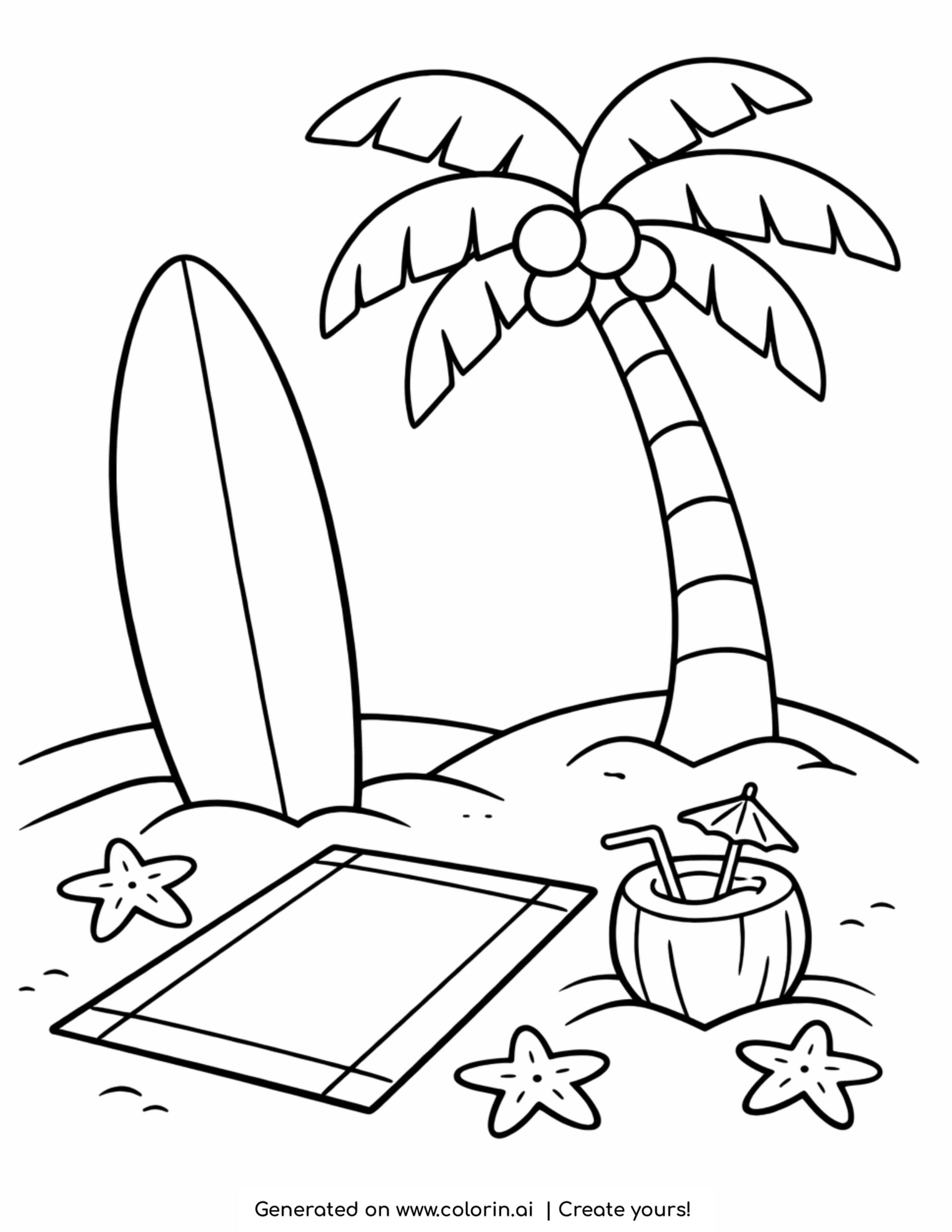 Surfboard by palm tree beach scene coloring page | Colorin AI