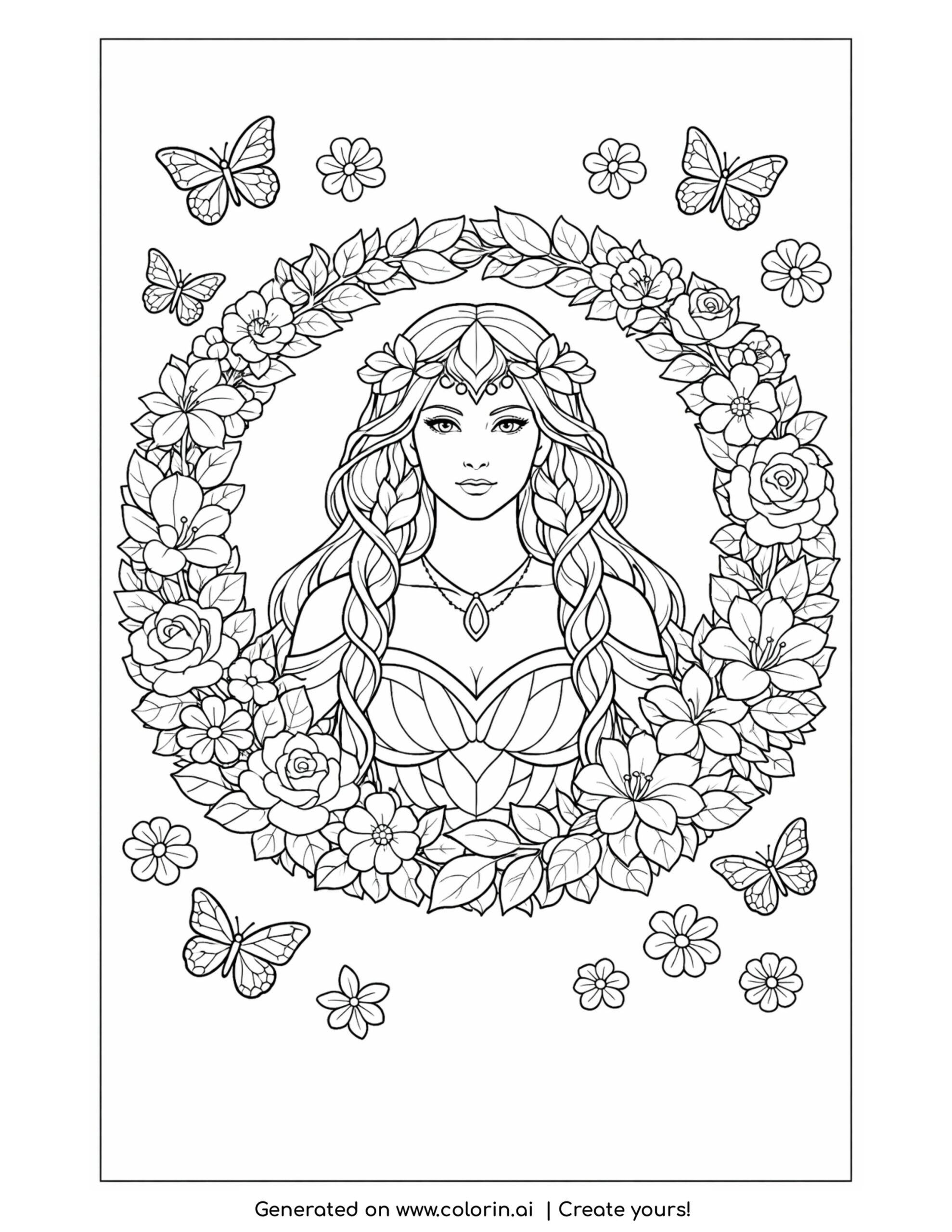 Nature Goddess In Floral Wreath Coloring Page | Colorin AI